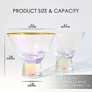 Lysenn Iridescent Stemless Martini Glasses Set of 2 - Premium Hammered Cocktail Glasses for Weddings, Anniversary, Christmas, Party - 7.7oz Gold Rim