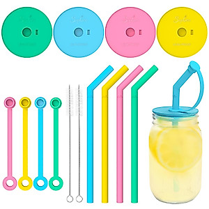 Sophico Silicone Mason Jar Lids with Straw/Silicone Stoppers/Clean Brush, for Wide Mouth Mason Jar,4 Pack(Containers not included)