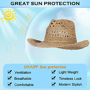 EOZY Men & Women's Summer Cowboy Cowgirl Straw Hat Hollow Out Woven Roll Up Wide Brim Hat/Camel