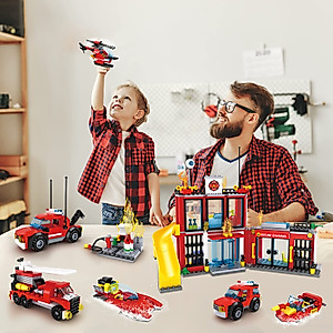 City Rescue Car Building Blocks Toy, Roleplay Parent-Child Set, Firefighter Kit with Fire Truck, Life Boat, Helicopter, Fire Extinguisher Educational Toys Thanksgiving Gift for Kid 6+ (Fire Station)