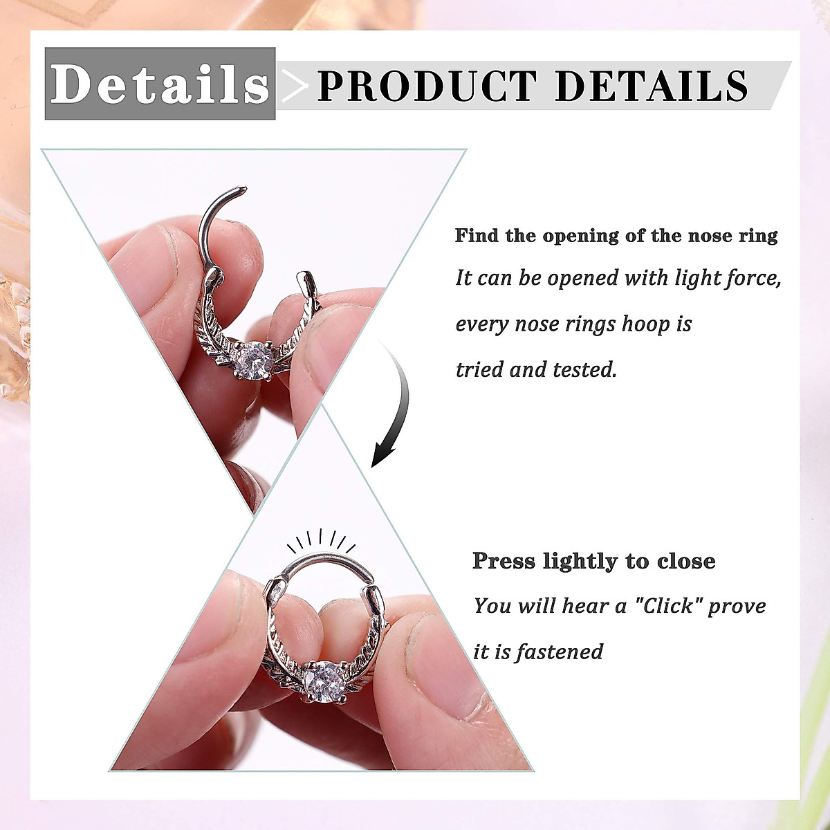 LOYALLOOK 8PCS 16G Septum Clicker Ring Stainless Steel CZ Opal Cartilage Helix Tragus Hoop Daith Earrings Nose Hinged Segment Ring Piercing Jewelry 10MM