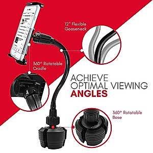 Cup Holder Tablet Mount, Macally iPad Cup Holder Car Mount - 12" Flexible Gooseneck iPad Car Mount - Tablet Holder for Truck, Car, and Vehicle - iPad Stand for Car - For Pro / Air / Mini, Smartphones