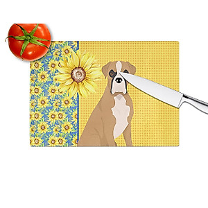 Caroline's Treasures WDK5340LCB Summer Sunflowers Natural Eared Fawn Boxer Glass Cutting Board Large Decorative Tempered Glass Kitchen Cutting and Serving Board Large Size Chopping Board