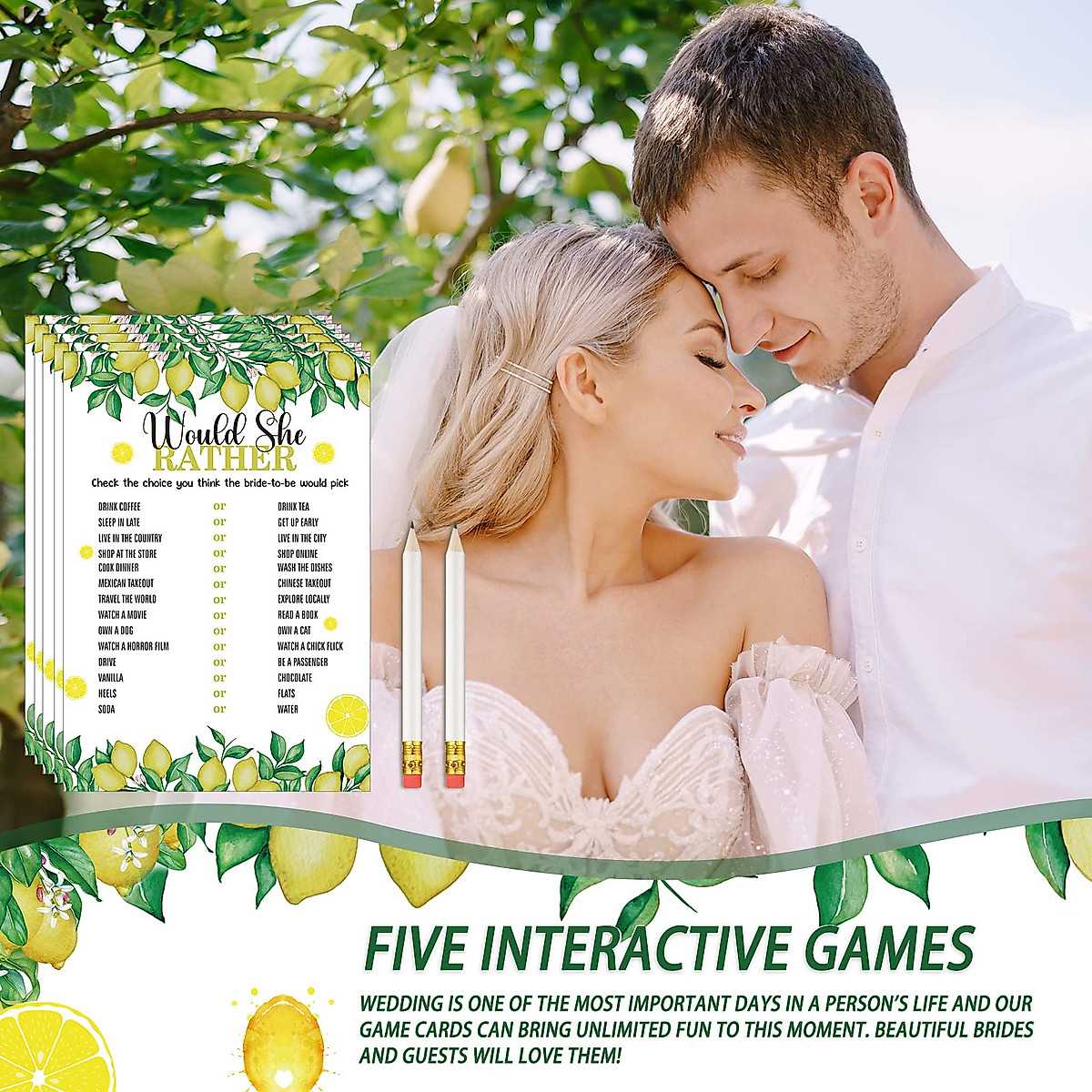 Leinuosen 220 Pcs Lemon Bridal Shower Games Set Wedding Shower Game Supplies Include Bridal Games Cards and Pencils for Bachelorette Engagement Party Decorations Favors