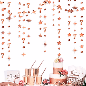 Rose Gold 7th Birthday Decorations Number 7 Circle Dot Twinkle Star Garland Metallic Hanging Streamer Bunting Banner Backdrop for Girls Boys Seven Year Old Birthday 7th Anniversary Party Supplies