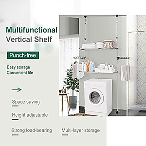 Hershii 2 Tier Over The Toilet Storage Rack Laundry Shelf Double Tension Poles Above Washer Dryer Organizer Unit Bathroom Space Saver Clothes Hanger Rods, Adjustable Height & Width - Black