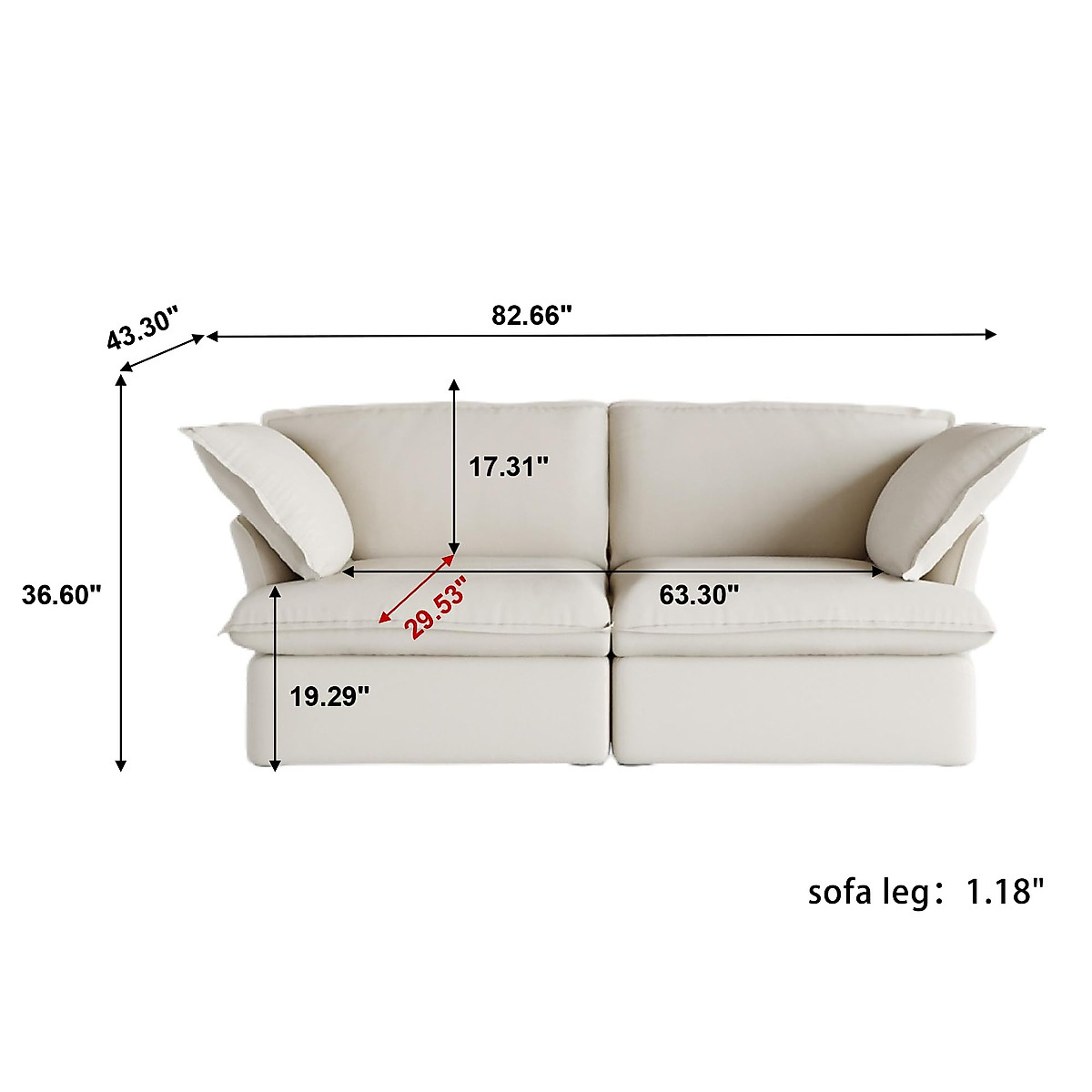 MGH Modular Sectional Sofa with Thick Cushion, 2-Seat Modern Comfy Cloud Couch,Minimalist LoveSeat Deep Seat Couches for Living Room and Apartment(Beige,2Seater)