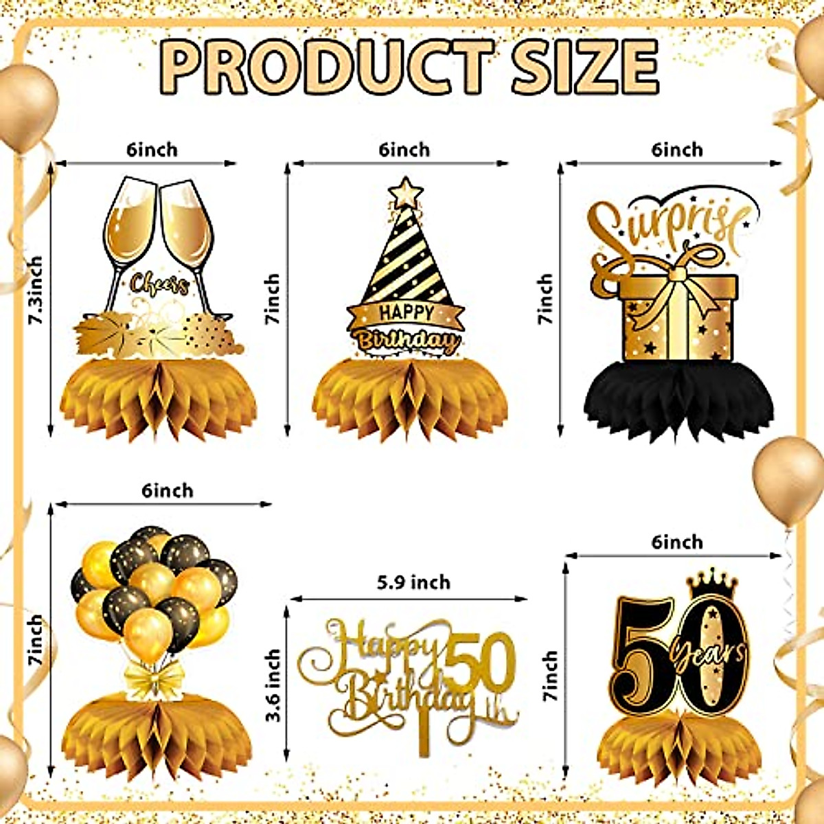 50th Birthday Centerpieces for Tables, Black Gold Happy 50th Birthday Honeycomb Table Decorations with Cake Topper, 50th Birthday Table Centerpiece for Men Women Cheers to 50 Years Party Table Sign