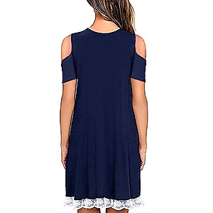 F_Gotal Women's Short Sleeve Pockets Loose Crew Neck T-Shirt Swing Lace Dress Mini Fashion Beach Sundress Party Cocktail Z-Blue