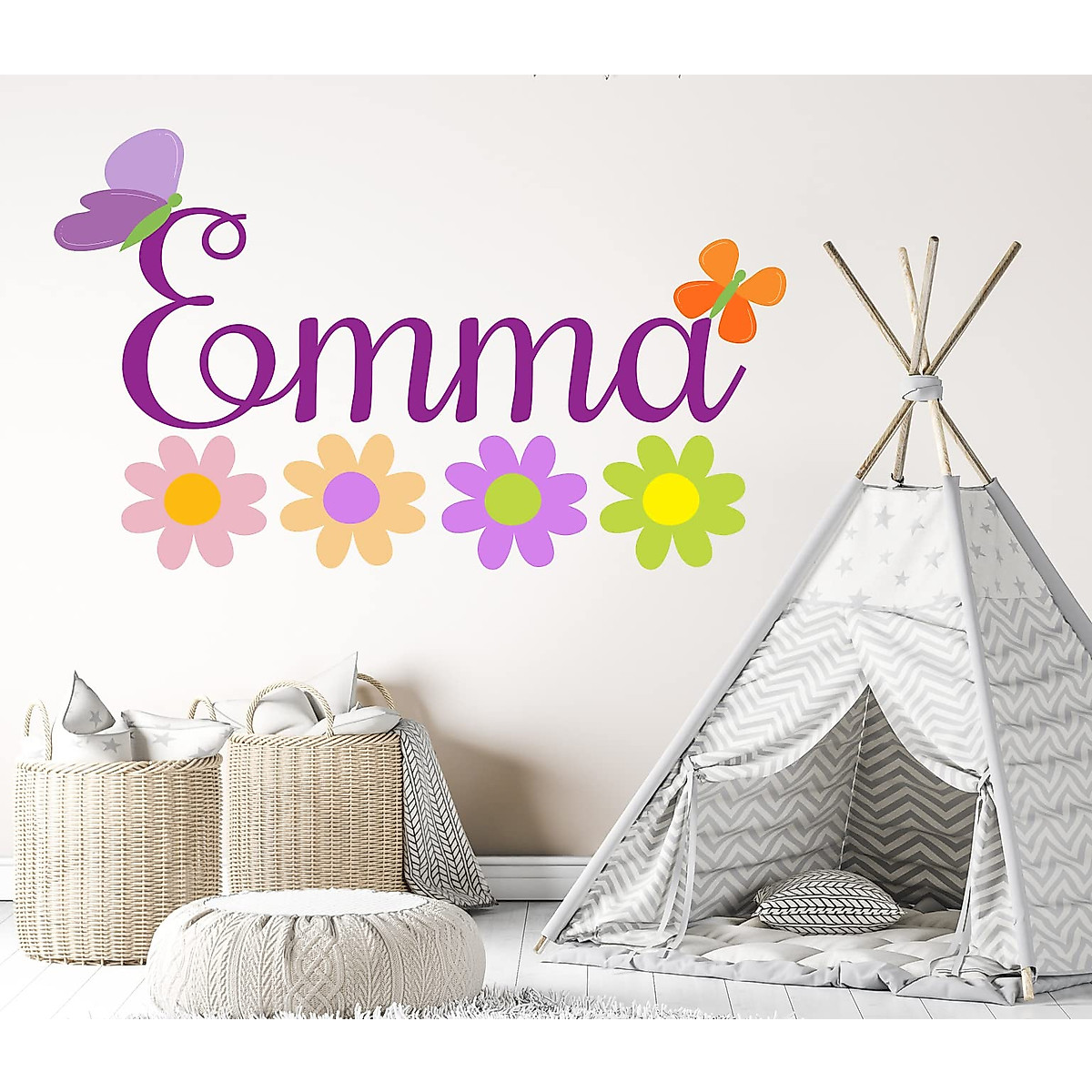 Custom Name Flowers Wall Decal - Personalized Name Butterfly Decor - Daisy Wall Decal Peel and Stick - Pastel Flowers - Girls Flowers Wall Stickers - Wall Decal for Home Nursery Bedroom Decoration