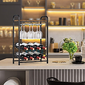 MOOACE Wood Wine Rack, Countertop Wine Storage Stand, Hold 8 Wine Bottles and 6 Glasses, Freestanding Wine Holder Stand for Kitchen, Pantry, Cellar, Bar