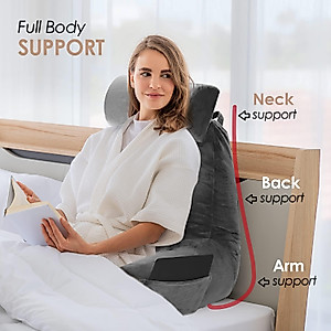 Nestl Reading Pillow with Portable Laptop Lap Desk, Velvet Feel Back Pillow for Sitting in Bed, Shredded Memory Foam Back Support Pillow for Bed, Bed Rest Pillow with Arms, Large - Gray
