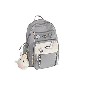 HIQUAY Kawaii Basic Backpack Cute Rucksack for Teen Girls Aesthetic Student Bookbags with Pendant and Lots of Pockets for School (Grey)