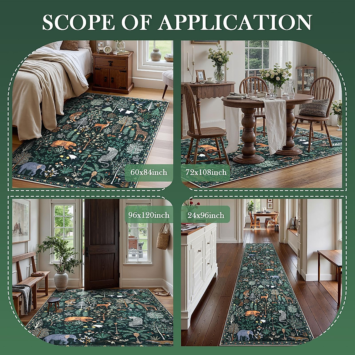 LEEVAN Jungle Area Rug Washable Christmas 6x9 Rug for Living Room, Low Pile Green Bedroom Rug Thick Abstract Animal Nursery Area Rug, Non Slip Carpet for Playroom