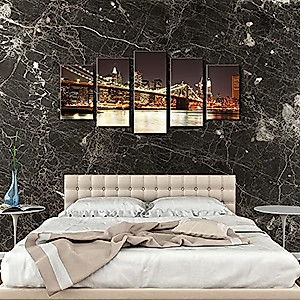 Wieco Art 5 Piece Giclee Canvas Prints Wall Art The Brooklyn Bridge Landscape Pictures Photo Paintings for Living Room Bedroom Home Decorations Modern Stretched and Framed City Skyline Art Work