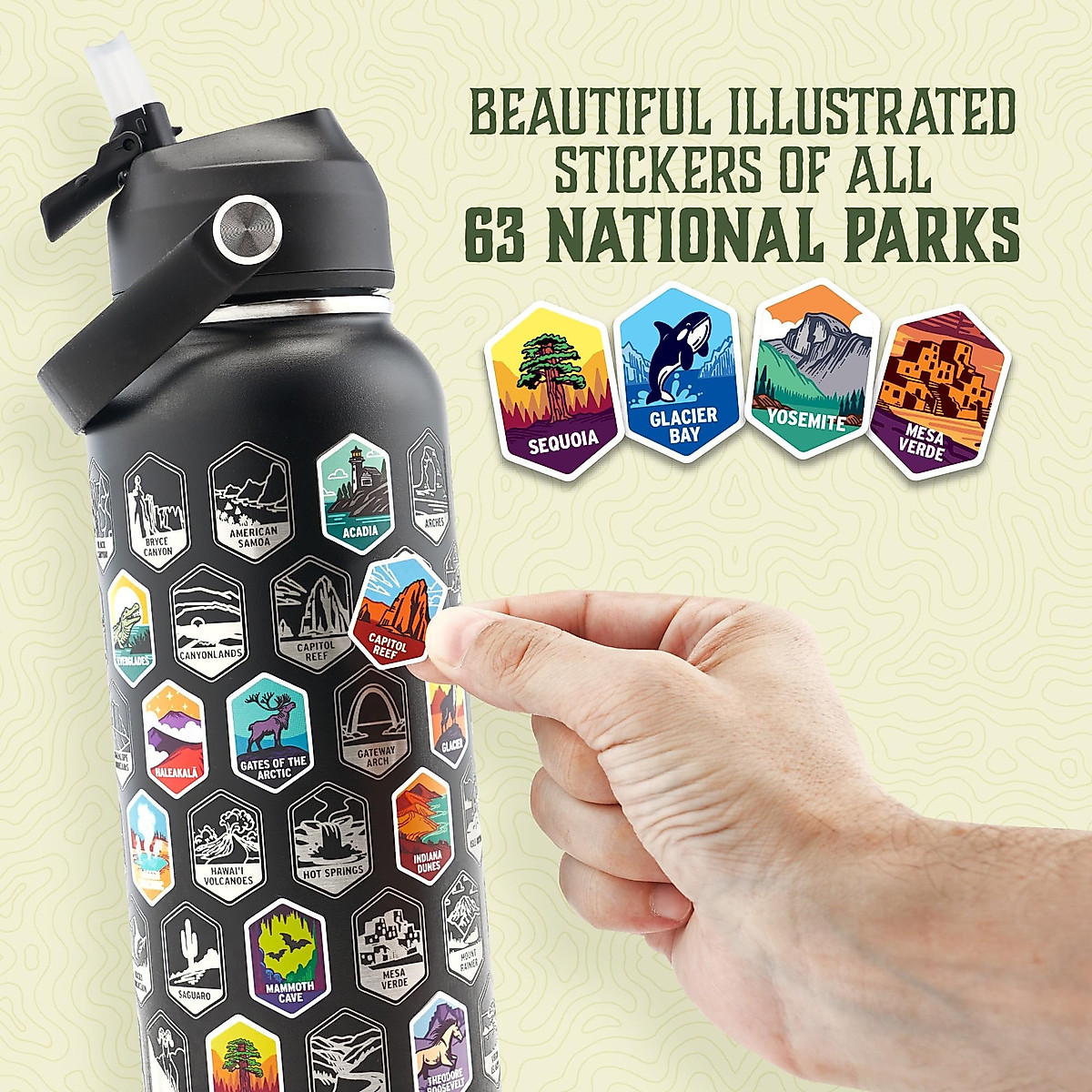 Trekking The National Parks Water Bottle with 63 Waterproof Stickers & 3 Lids (Straw, Spout, & Chug) | 32 Oz Insulated Wide Mouth Stainless Steel Bottle for Camping & Hiking | BPA-Free and Leak-Proof