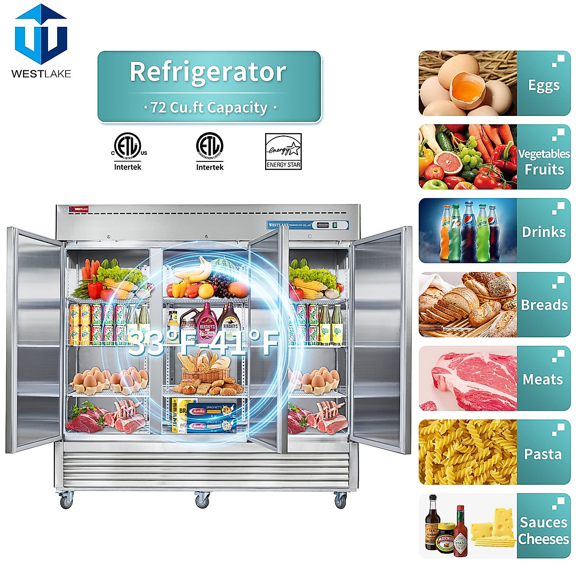 WESTLAKE 82" W Commercial Refrigerator 3 door 3 Section Stainless Steel Reach in Solid door Upright Fan Cooling 72 Cu.ft Cooler for Restuarant, Bar, Shop, etc