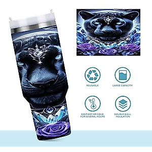 RPLIFE Mystic Panther Purple Rose Travel Coffee Tumbler, Stainless Steel Tumbler, Drinking Cups with Lids and Straws