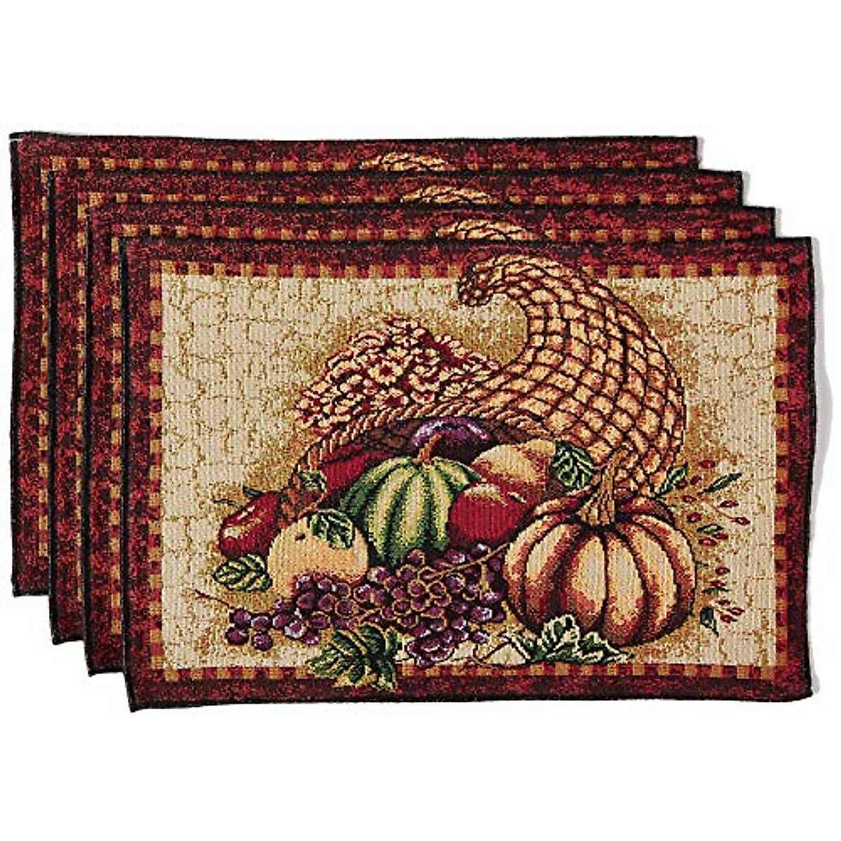 Violet Linen Fall Harvest Thanksgiving Autumn Leaves Sunflowers Fruits Pumpkins Tapestry Pattern, Polyester Cotton Woven Tapestry, Cornucopia, 13 X 19, Rectangler Set of 4, Decorative Place Mats