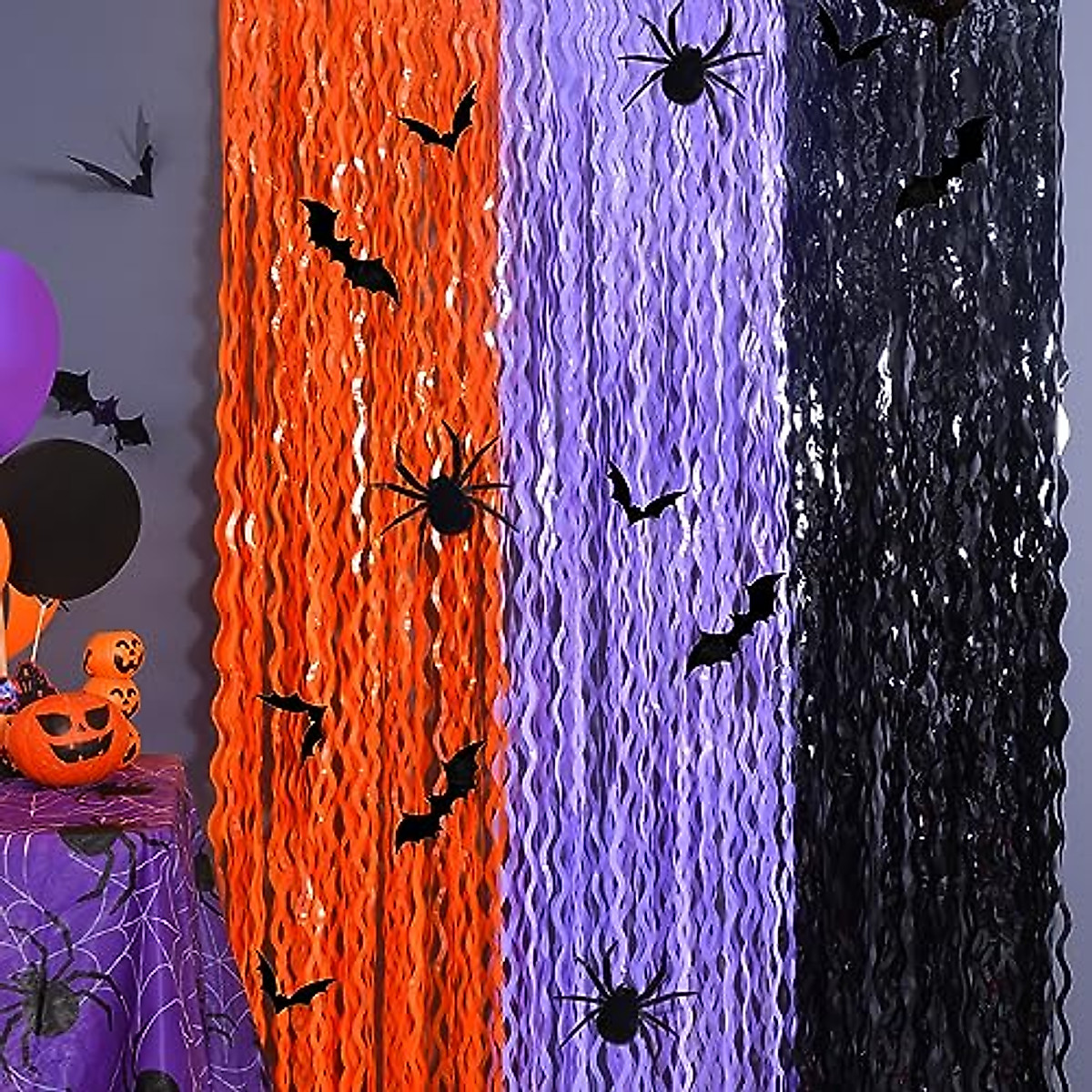 Mega-L Halloween Foil Fringe Curtains, 3 Pack Orange Purple Black Photo Booth Props, 18 Pcs PVC Bat & Spider Stickers Wall Decals, Halloween Photo Backdrop Wall Decor for Halloween Party Decorations