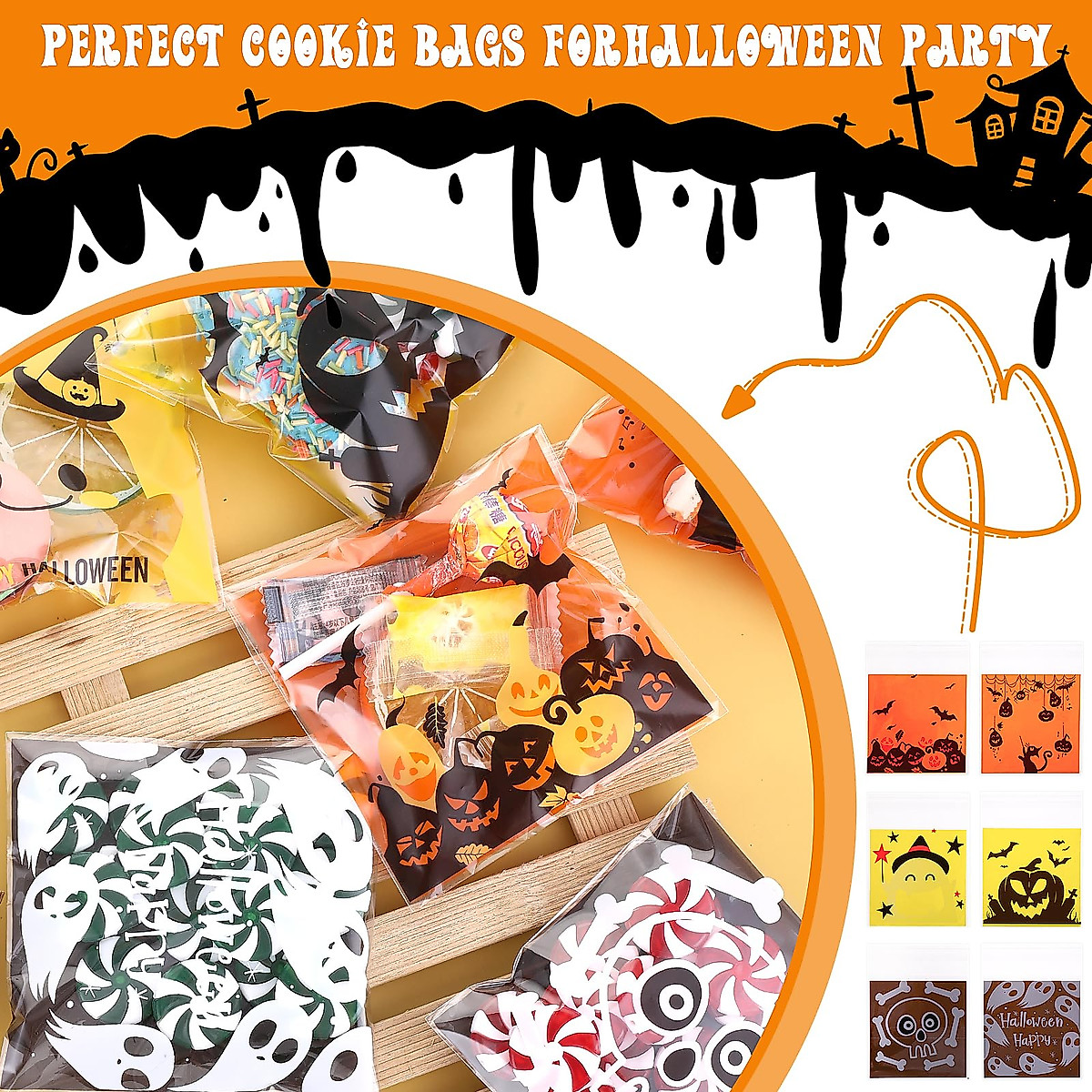 300 Pcs Halloween Treat Bags, 6 Cute Style Candy Bags Clear Trick or Treat bags Self Adhesive Plastic Bags Bulk for Halloween Party Favor Supplies Gift (A)