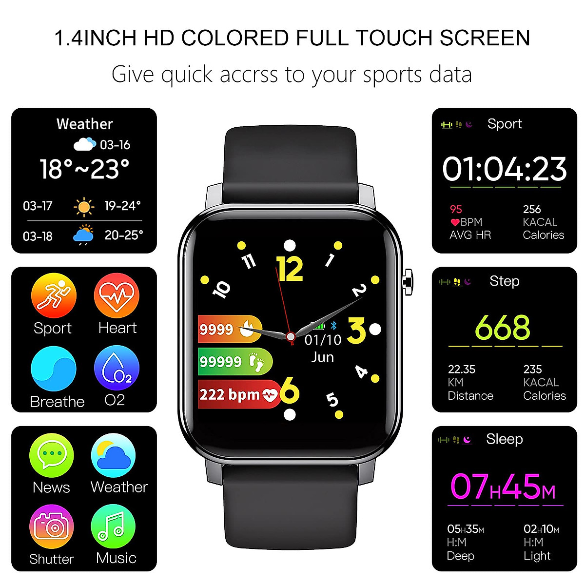 Esprosper Smart Watch for IP68 Waterproof 5ATM, Fitness Tracker Heart Rate Monitor Sports Digital Watch with 1.4" HD Square Shaped Screen and Silicone Strap (Black)