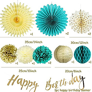 Teal Gold Birthday Party Decorations Teal Paper Fans Tissue Pom Poms Gold Happy Birthday Banner Gold Polka Dot Paper Fans for Baby Shower Women 30th/40th Birthday Party Supplies SUNBEAUTY