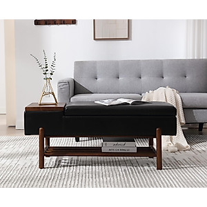 Shunzhi Modern Entryway Bench Upholstered Flip-Top Shoe Storage Bench Sherpa Ottoman Bench End of Bed Bench with Wood Frame/Shelf for Living Room/Bedroom/Hallway,46.5 Inches,PU,Black