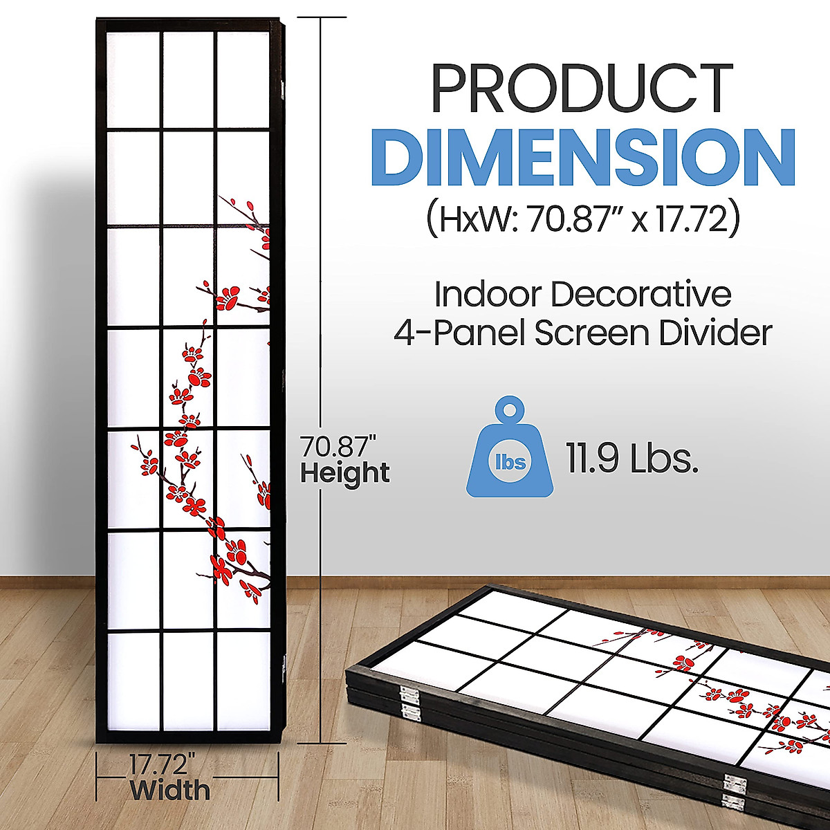 SereneLife Japanese Screen Room Divider - Portable Freestanding Classic Indoor Decorative 4-Panel Separator, Folding Privacy, Dressing Area, Office, Elegant Plum Blossom Design
