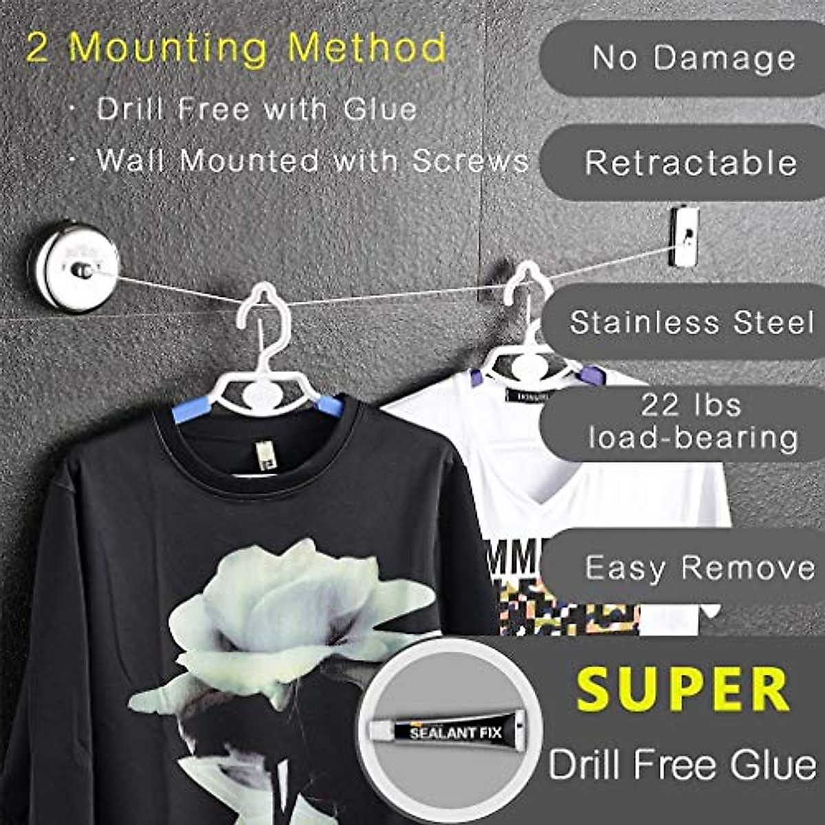 ITTA Round Retractable Clothesline with Adjustable Rope String Hotel Style Heavy Duty for Bathroom, Wall Mounted Laundry Drying Line for Shower, 9.3 Feets Indoor Clothes Line Washing Line