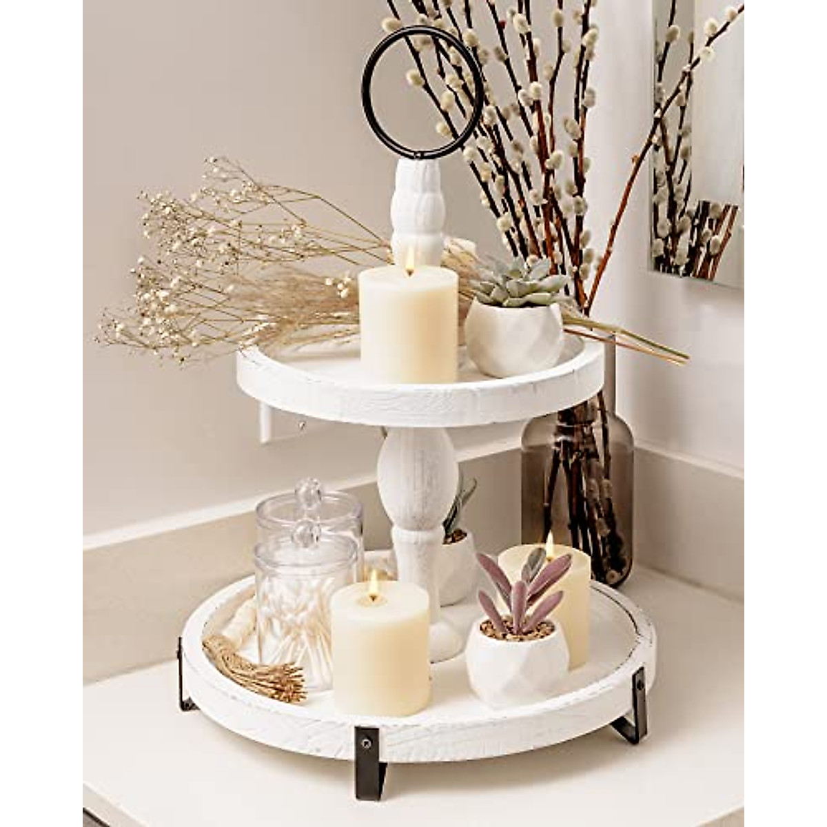 K'DCOR Two Tier Tray with Metal Legs - 2 Tiered Tray Stand - farmhouse centerpieces for dining room table - Tier Tray Stand - Tiered Trays - bandejas decorativas para mesa de sala