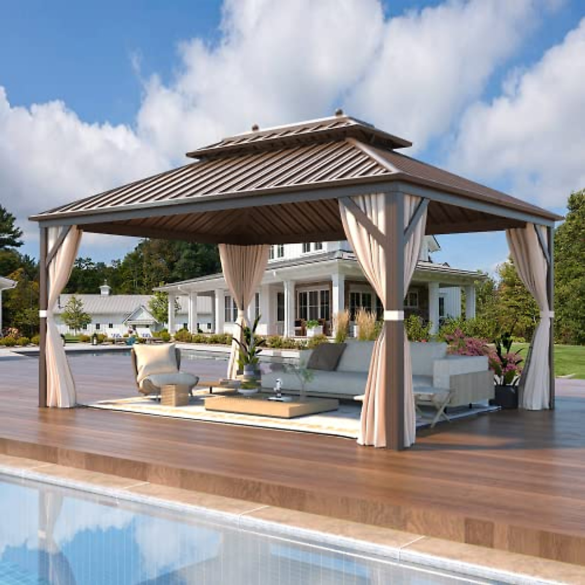 EROMMY 10'x13' Hardtop Gazebo Double Roof Galvanized Steel Canopy Outdoor Aluminum Frame Permanent Metal Pavilion with Netting and Curtains for Patio Backyard Deck and Lawns