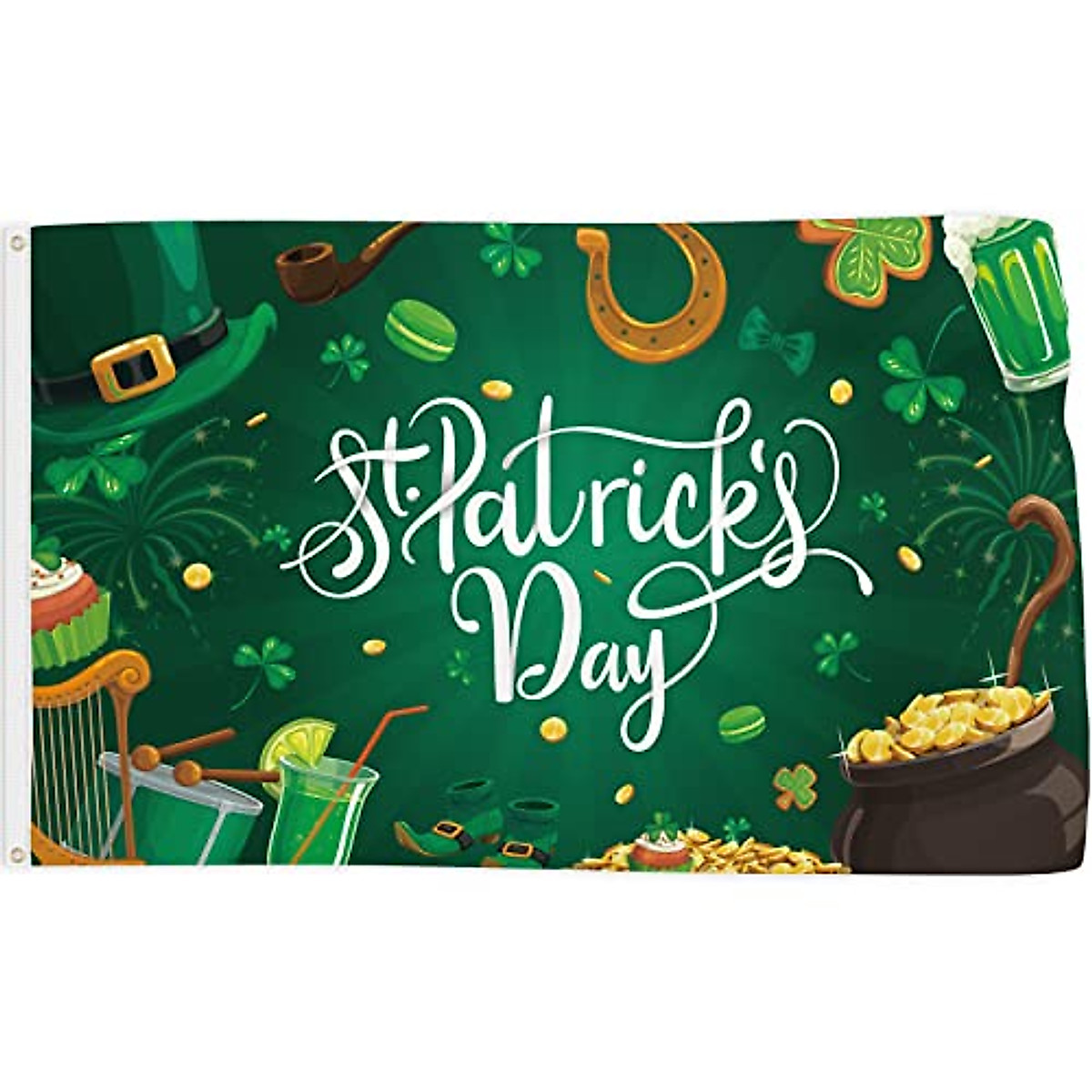 Probsin St Patricks Day Flags 3x5 Ft Double Printed Shamrocks Hat Gold Coins Backdrop Irish Holiday Decorations Ireland Party Supplies Wall Decor for Outdoor Indoor Garden Home House Garage Gift