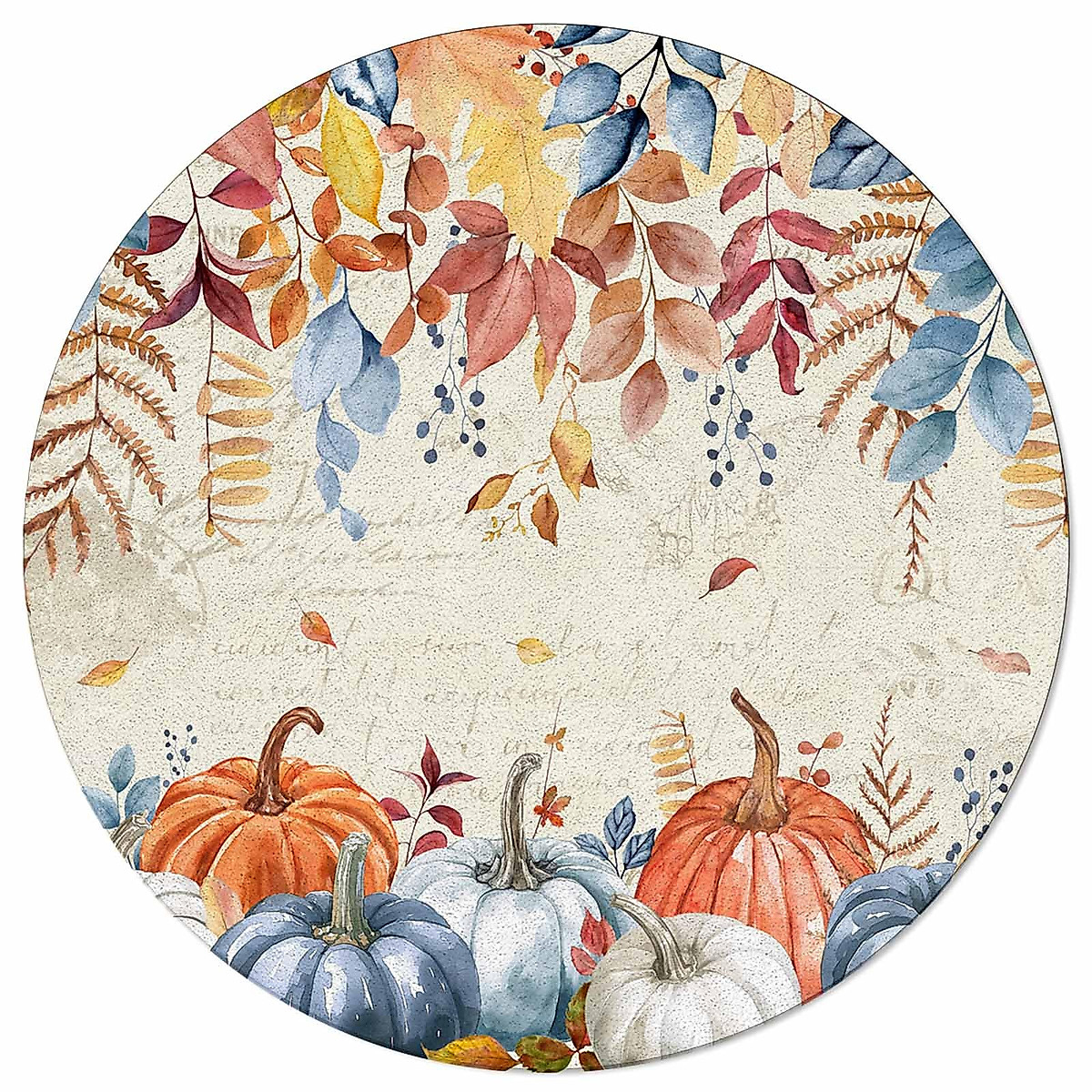 Blue Orange Thanksgiving Fall Round Area Rugs Collection 5', Non Slip Indoor Circular Throw Runner Rug Floor Mat Carpet for Living Room Dining Table Bedroom Nursery Maple Leaf Pumpkins Rustic