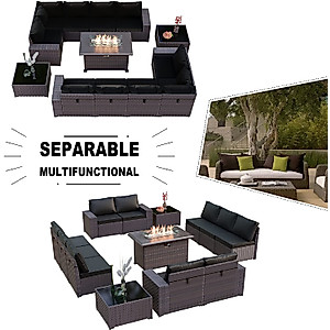 Kullavik 13 Pieces Outdoor Patio Furniture Set with 43" 55000BTU Gas Propane Fire Pit Table PE Wicker Rattan Sectional Sofa Patio Conversation Sets,Black