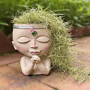 LTSUMI Face Flower Pot Head Planter Succulent Pot Planter Cactus Planter Unique Cute Resin Planter Pot for Indoor Outdoor Plants with Drainage Hole(Blessing)