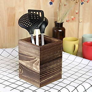 MyGift Rustic Brown Solid Wood Kitchen Countertop Utensil Holder, Cooking Utensil Crock and Flatware Storage Caddy