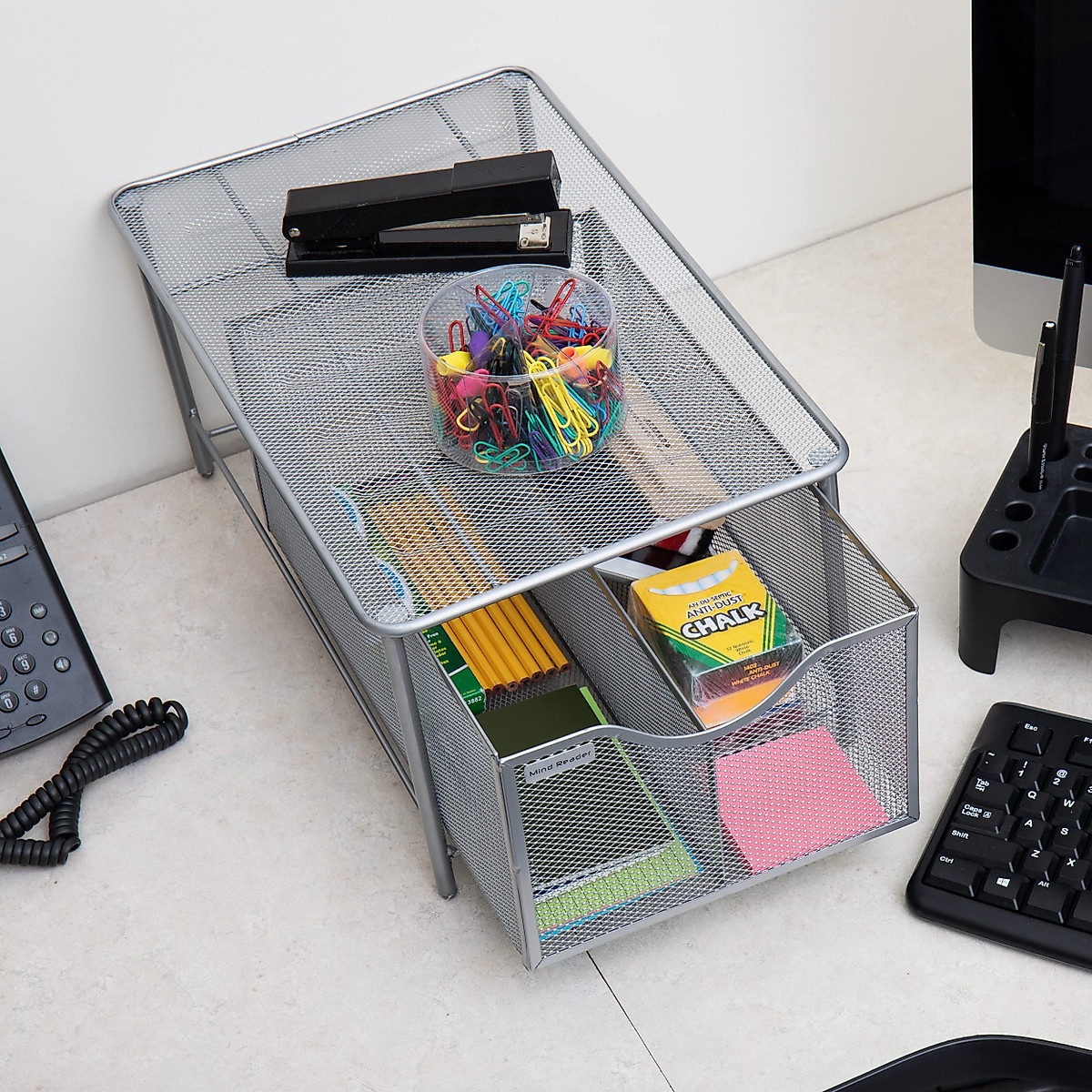 Mind Reader Organizer Storage Basket, 15.4” L x 9.4” W x 7.5” H, Silver (Pack of 2)