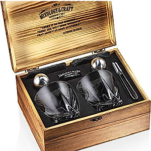 Mixology Glass & Whiskey Stones Set – Two 10oz Glasses w/ 2 Stainless Steel Balls Wooden Box - Bourbon Gifts for Men, Dad, Husband, Boyfriend, Groomsmen, Birthday Ideas﻿