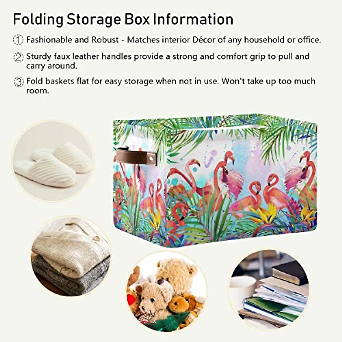 Storage Basket Tropical Flamingo Leaf Rectangle Foldable with Leather Handle Nursery Storage Bins Boxes Cube Organizer for Children Toys Books Clothes Home Bedroom