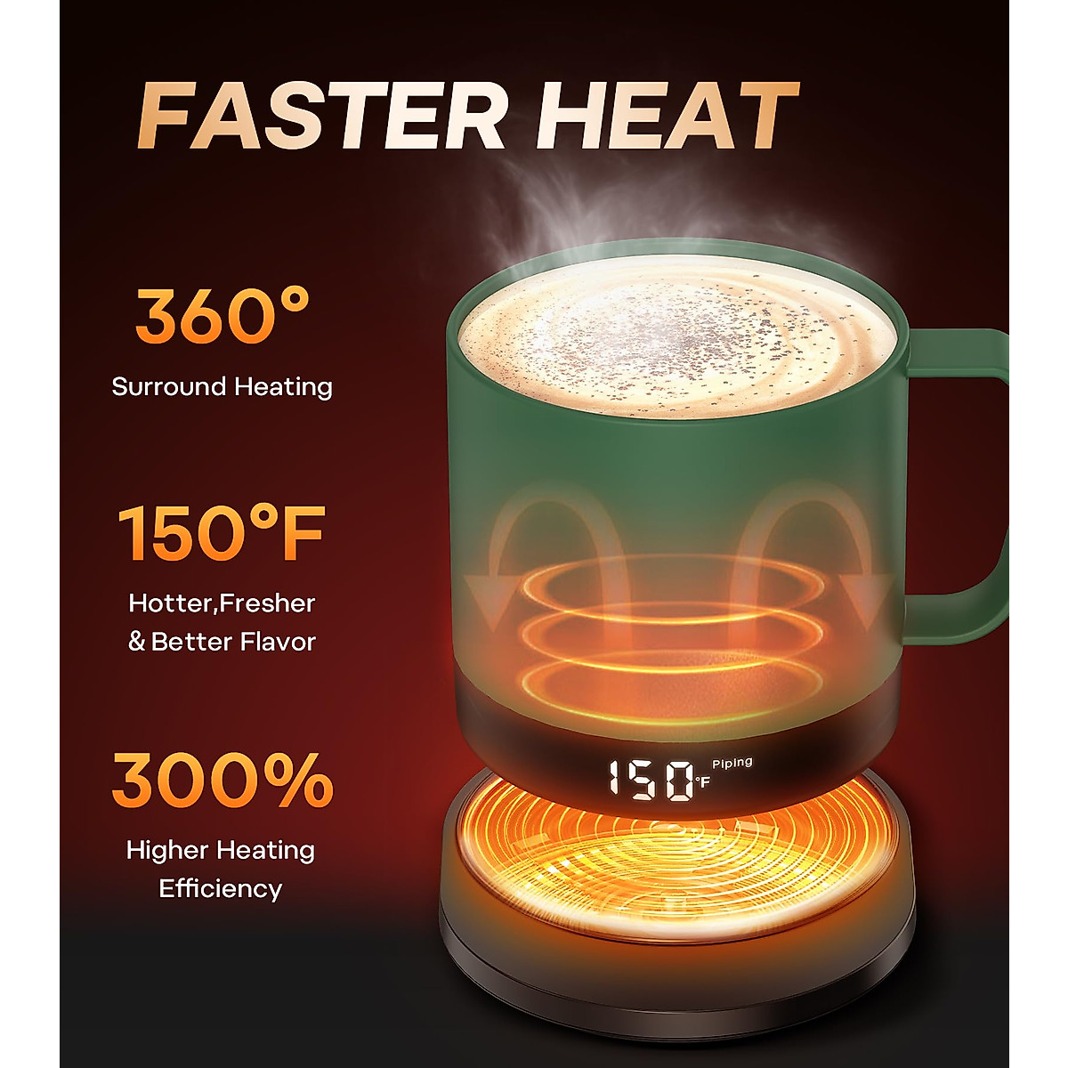 buuo Self Heating Coffee Mug, 14 Oz Temperature Control Smart Mug, double sided & Real-Time LED display, Fast Heating, mug warmer with 120 Min Battery Life, Birthday Gifts for Women and Men(Green)
