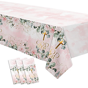 Suhelkit God Bless Baptism Decorations Tablecloth Girls - First Communion Decorations Party Table Cover, Pink Christening Celebration Baby Shower Religious Table Cloth, 3 Pack (54in x 108in)
