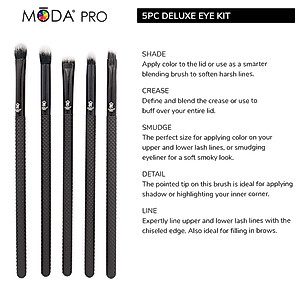MODA Pro 5pc Deluxe Eye Makeup Brush Kit, Includes - Shader, Crease, Detail, Smudger, and Liner Brushes (Black)
