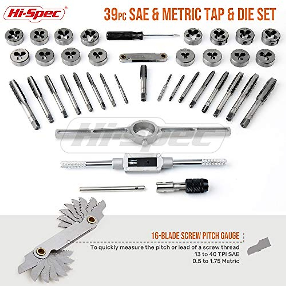 Hi-Spec 39 Piece SAE & Metric Tap & Die Set. Complete M3 to M12 / #4 to 1/2in Fine & Coarse Tools to Cut, Chase and Thread with Screw Pitch Gauge in a Tray Case