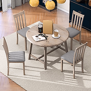 BIADNBZ 5-Piece Dining Table Set with Round Extendable Tabletop and 4 Padded Chairs, Modern Kitchen Furniture for DiningRoom, Space Saving Design, Natural Wood Wash