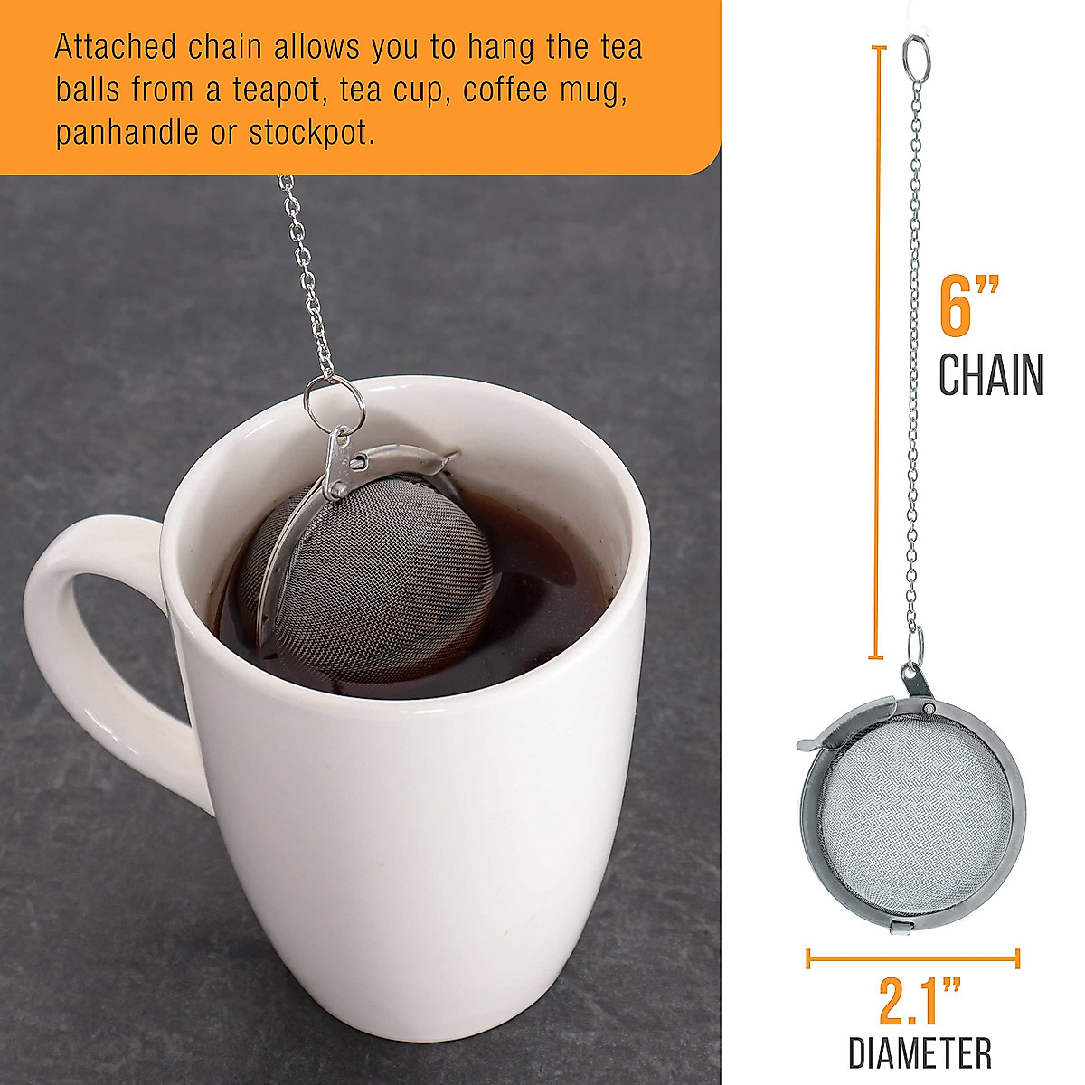 U.S. Kitchen Supply - 2 Premium Stainless Steel Tea Ball Strainer Infusers - 2.1" Size with Extra Fine Mesh - Steep Loose Leaf Tea, Herbal, Spices & Seasonings - Teapot, Tea & Coffee Cup Mug