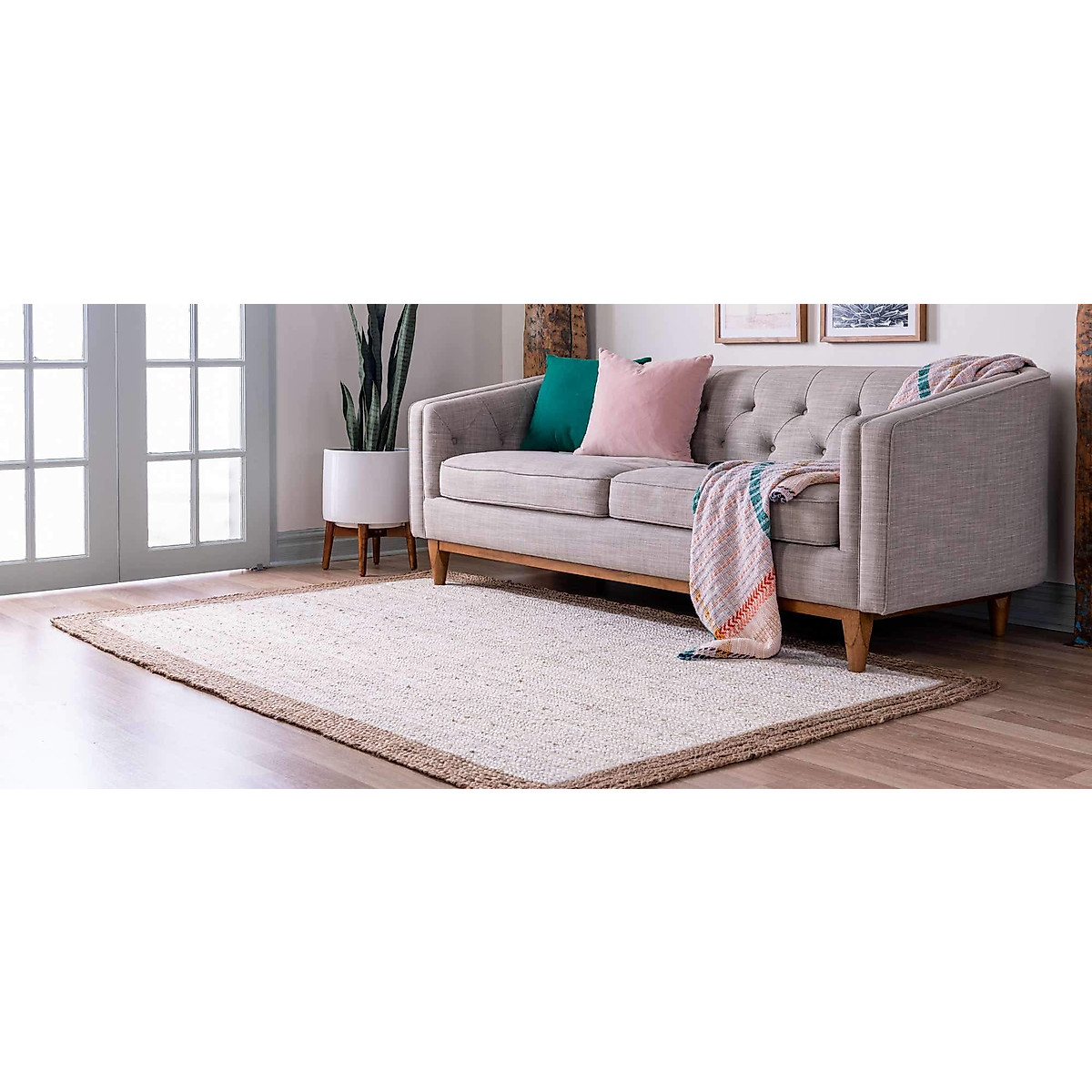Unique Loom Braided Jute Collection Classic Quality Made Natural Hand Woven with Solid Color Detail, Area Rug, Rectangular 5' 0" x 8' 0", White/Beige