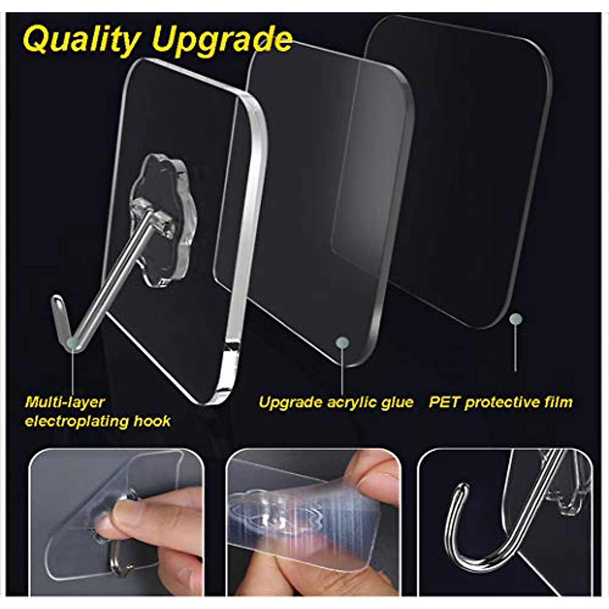 Adhesive Hooks - Transparent Reusable Utility Hooks Heavy Duty Wall Hooks 13lb(Max) Seamless Hooks Waterproof and Oil Proof for Kitchen Bathroom and Kitchen (50)