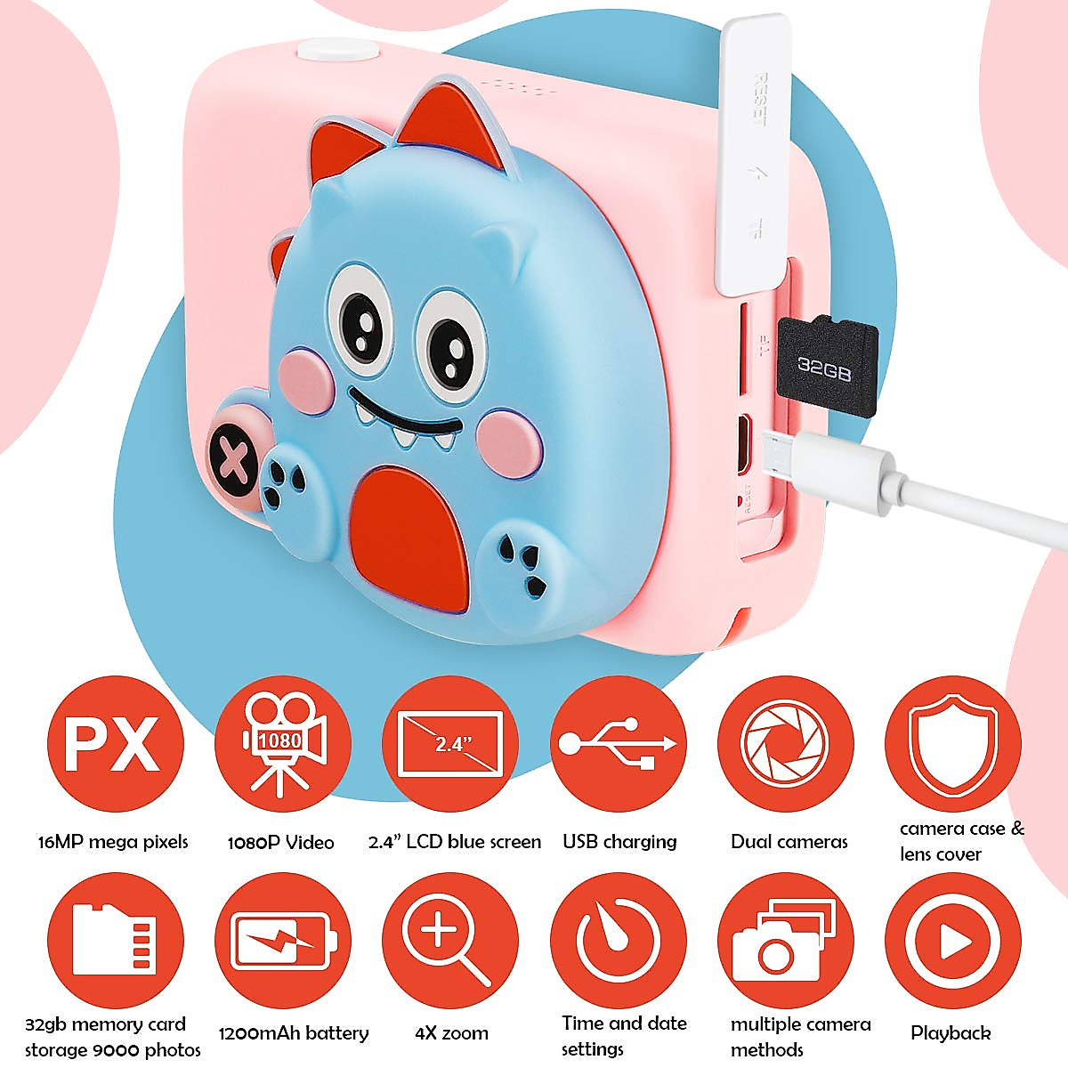 RenFox Kids Camera, 2.4'' 16MP Dual Lens Selfie Camera1080P HD Digital Video Camcorder, Toys and Birthday for Girls Boys Age 3-10, Toddler Beginner Camera with 32GB SD Card - Pink