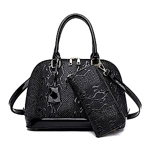 Patent Leather Handbag Crocodile Pattern Top Handle Purse Shell Bag Come with Wallet (Black)